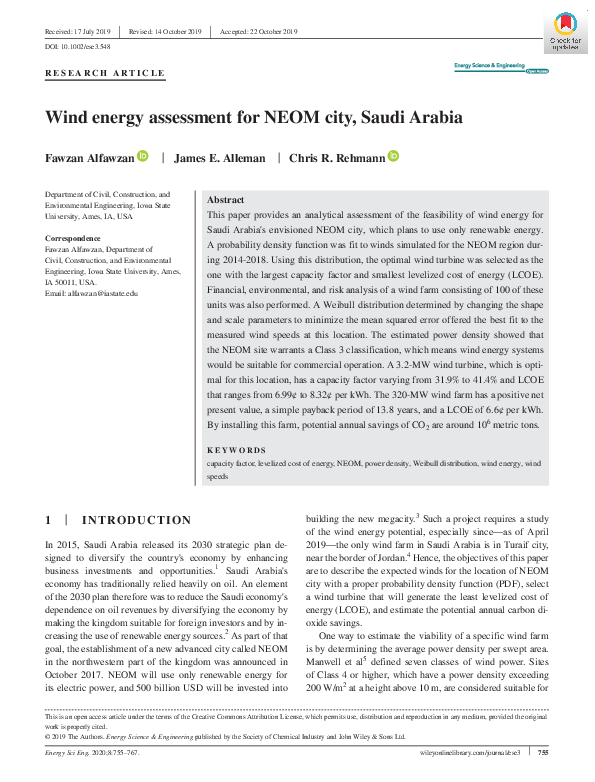 (PDF) Wind energy assessment for NEOM city, Saudi Arabia