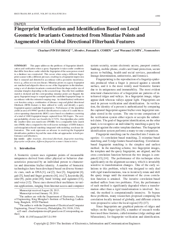 (PDF) Fingerprint Verification and Identification Based on Local Geometric Invariants ...