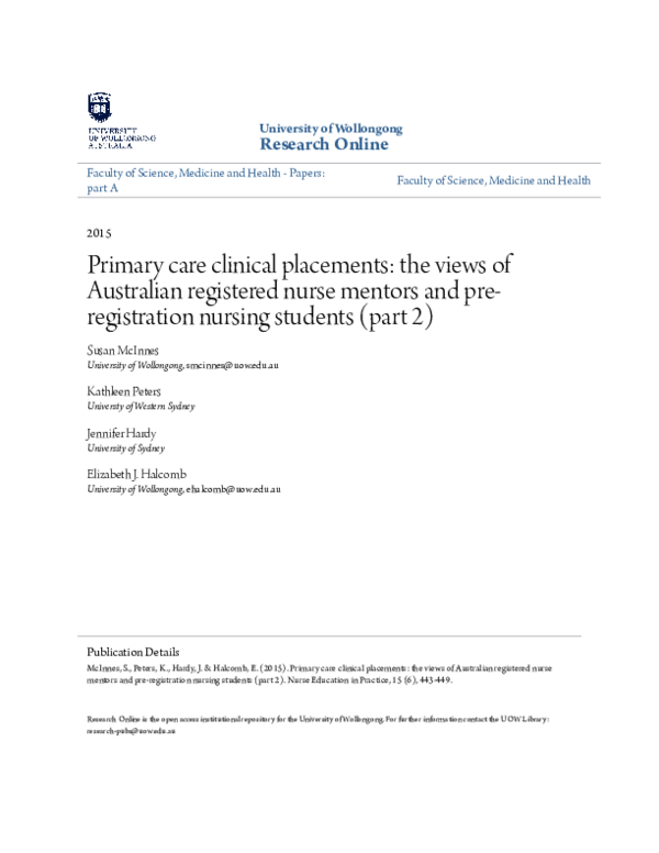 (PDF) Primary care clinical placements: The views of Australian registered nurse mentors and pre ...
