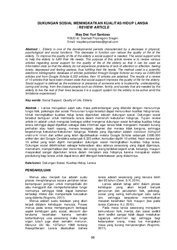 (PDF) Dukungan Sosial Meningkatkan Kualitas Hidup Lansia : Review Article