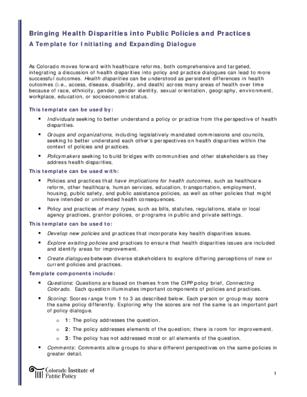 (PDF) Bringing Health Disparities into Public Policies and Practices A ...