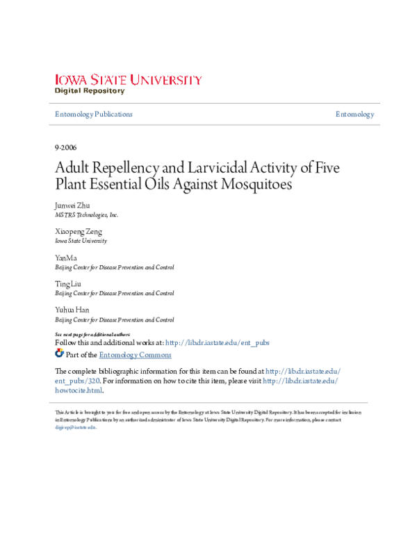(PDF) Adult Repellency and Larvicidal Activity of Five Plant Essential ...
