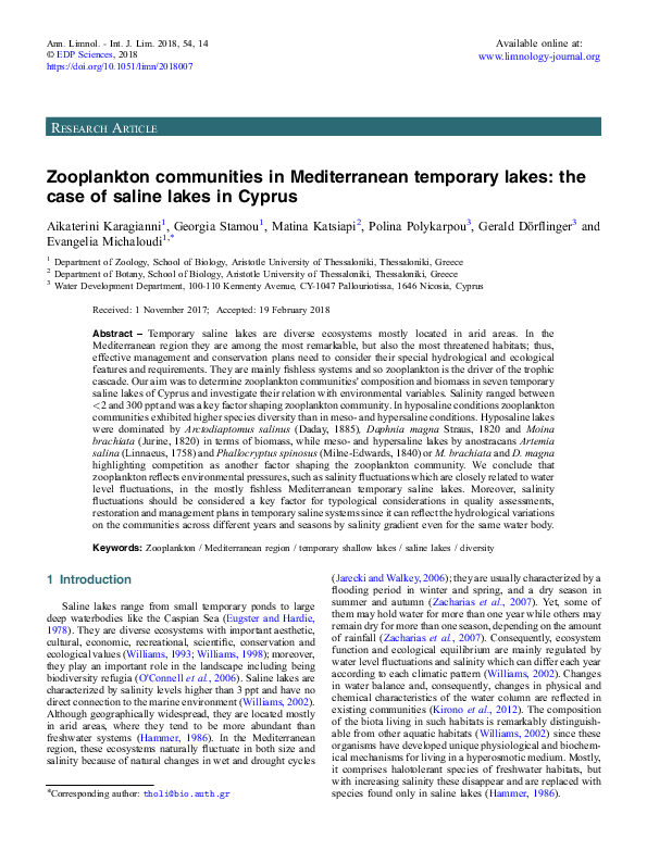 (PDF) Zooplankton communities in Mediterranean temporary lakes: the ...