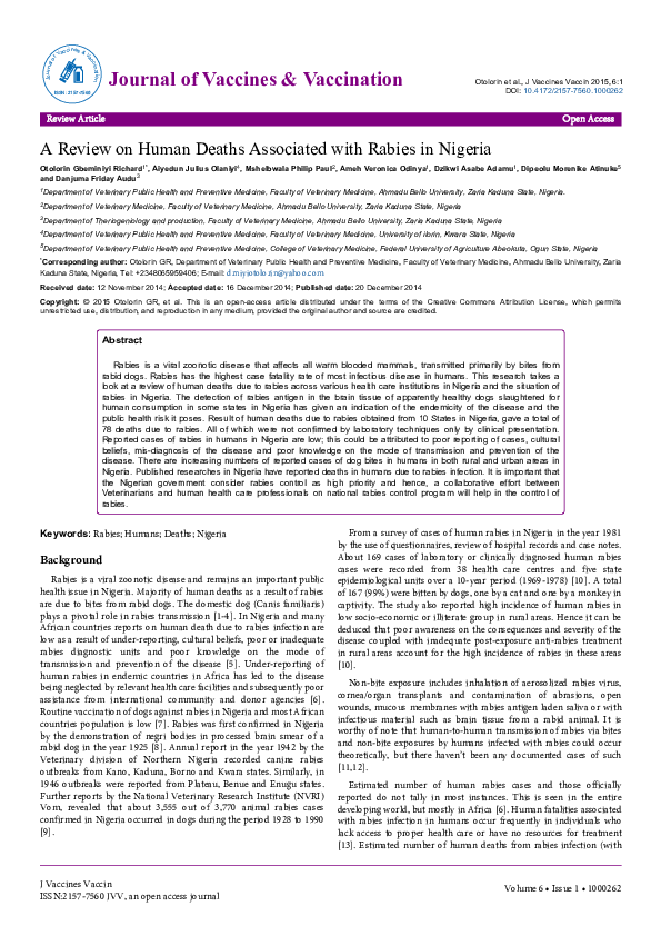 (PDF) A Review on Human Deaths Associated with Rabies in Nigeria
