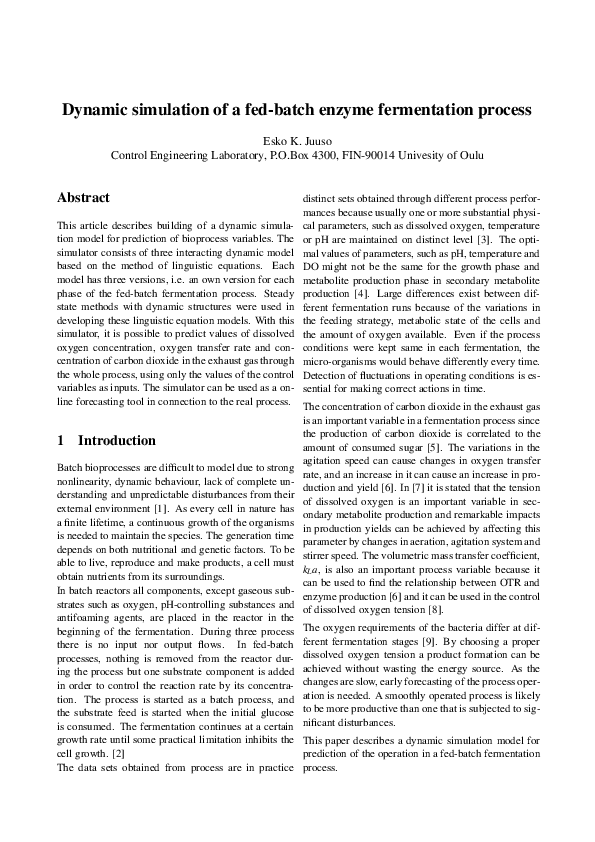 Pdf Dynamic Simulation Of A Fed Batch Enzyme Fermentation Process