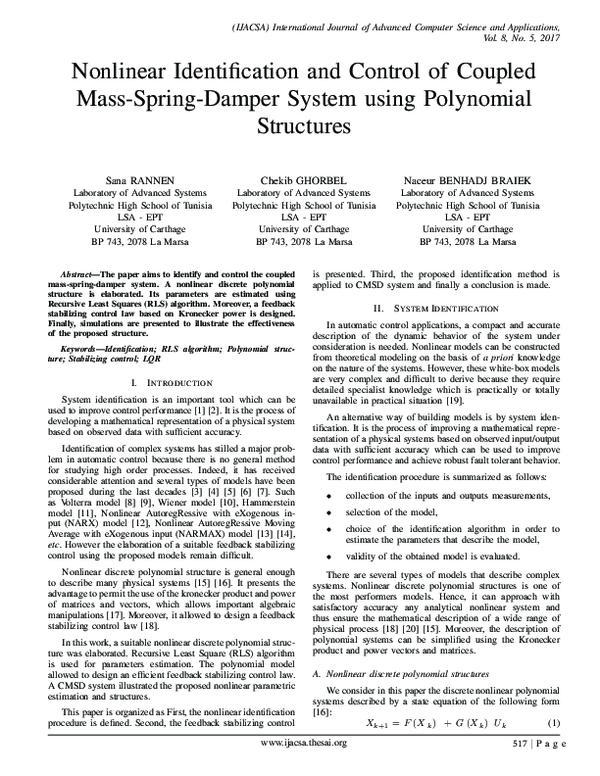 Pdf Nonlinear Identification And Control Of Coupled Mass Spring Damper System Using Polynomial