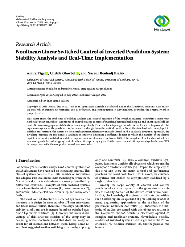(PDF) Nonlinear/Linear Switched Control of Inverted Pendulum System: Stability Analysis and Real ...