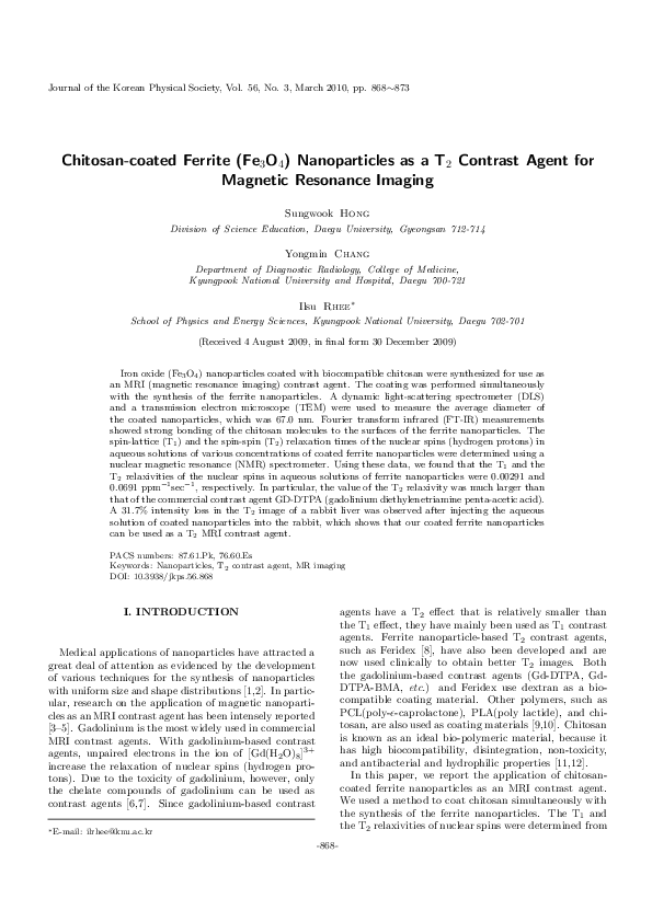 (PDF) Chitosan-Coated Ferrite (Fe3O4) Nanoparticles as a T2 Contrast ...