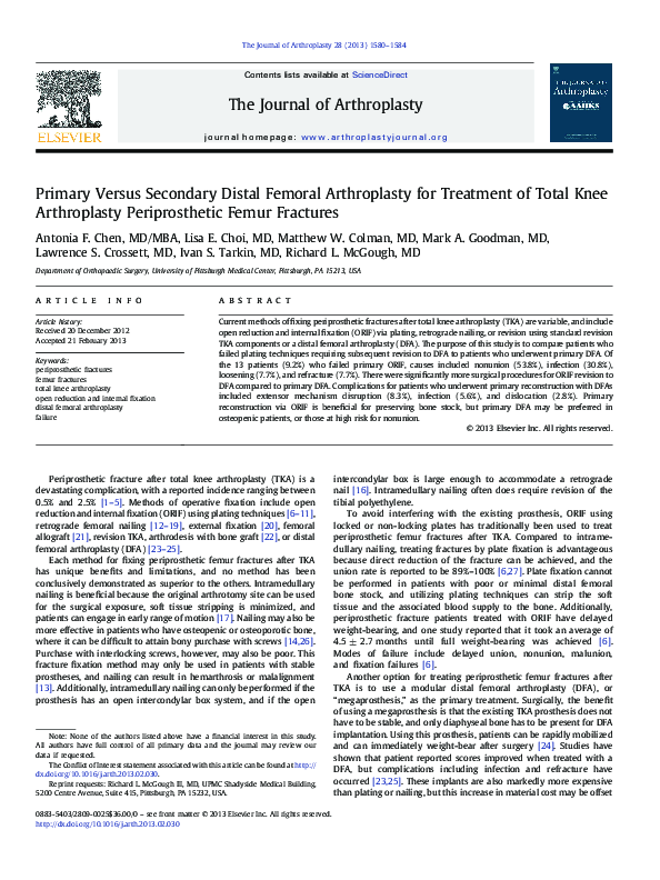 (PDF) Primary Versus Secondary Distal Femoral Arthroplasty for Treatment of Total Knee ...