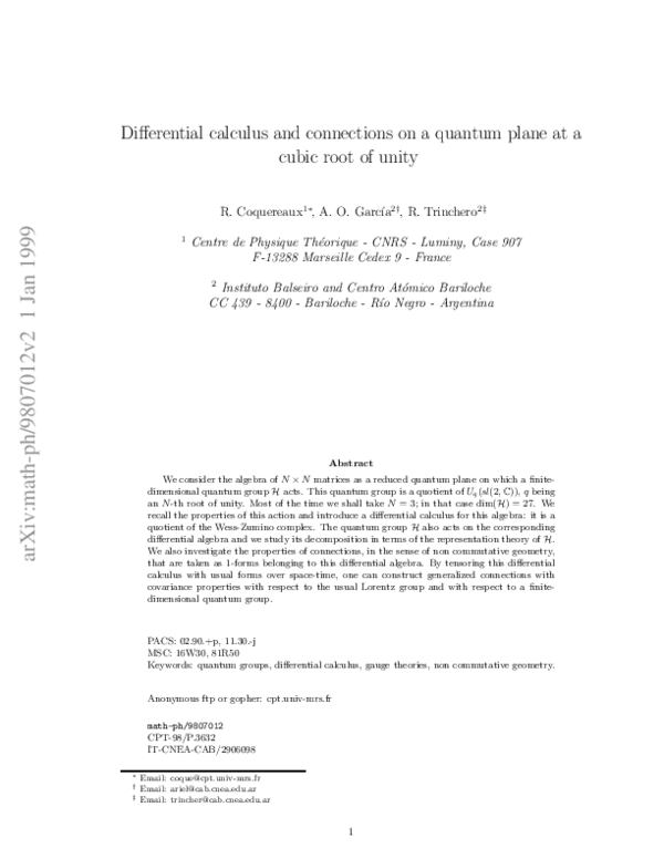 (PDF) Differential Calculus and Connections on a Quantum Plane at a ...