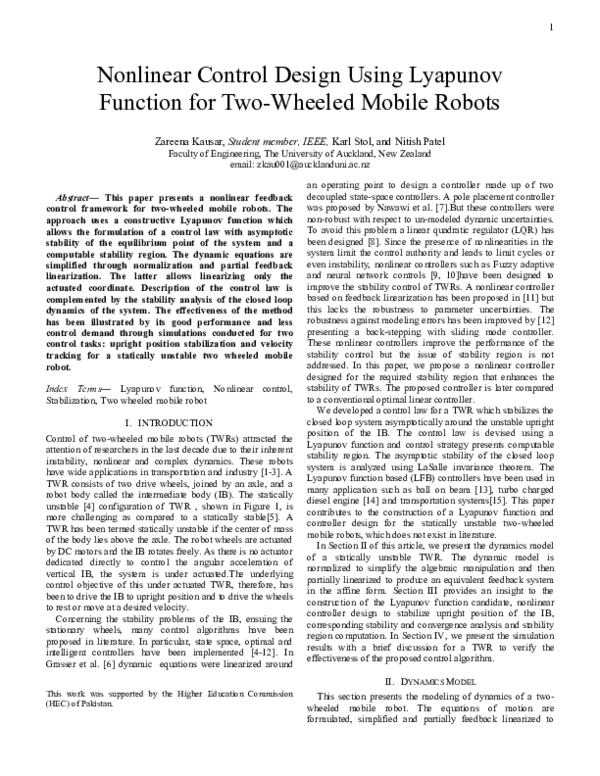 (PDF) Nonlinear control design using Lyapunov function for two-wheeled mobile robots