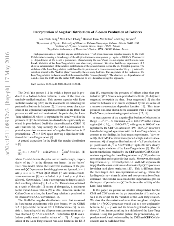 (PDF) Interpretation of angular distributions of Z-boson production at colliders