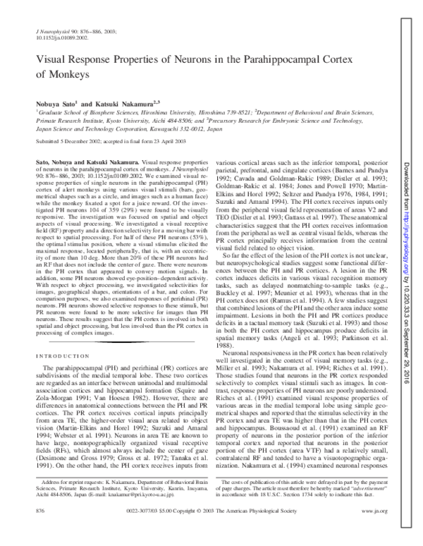 (PDF) Visual Response Properties of Neurons in the Parahippocampal Cortex of Monkeys | Nobuya ...