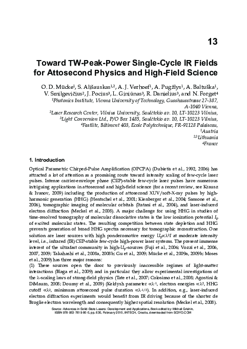 (PDF) Toward TW-Peak-Power Single-Cycle IR Fields for Attosecond Physics and High-Field Science