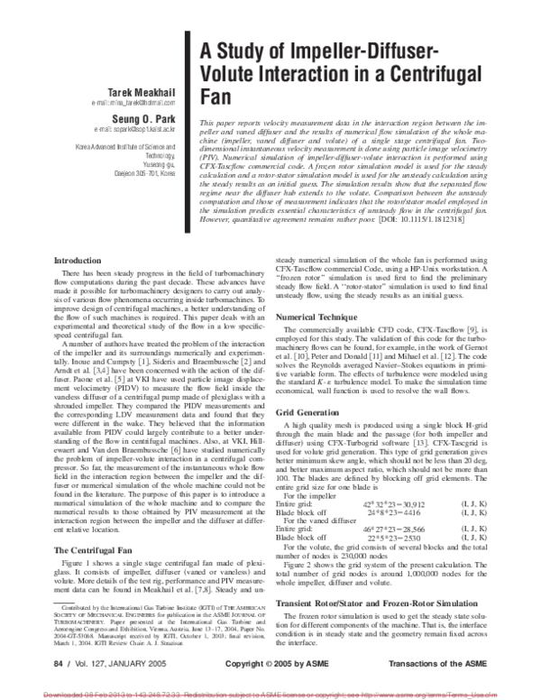 (PDF) A Study of Impeller-Diffuser-Volute Interaction in a Centrifugal Fan