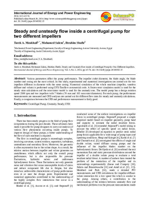 (PDF) Steady and Unsteady Flow inside a Centrifugal Pump for Two ...