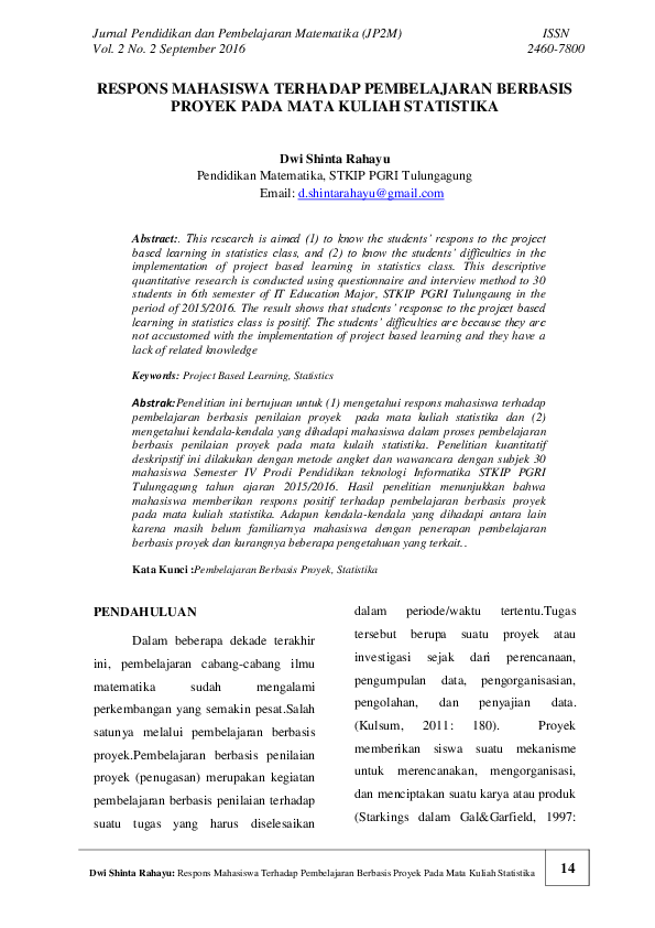 (PDF) Respons Mahasiswa Terhadap Pembelajaran Berbasis Proyek Pada Mata Kuliah Statistika
