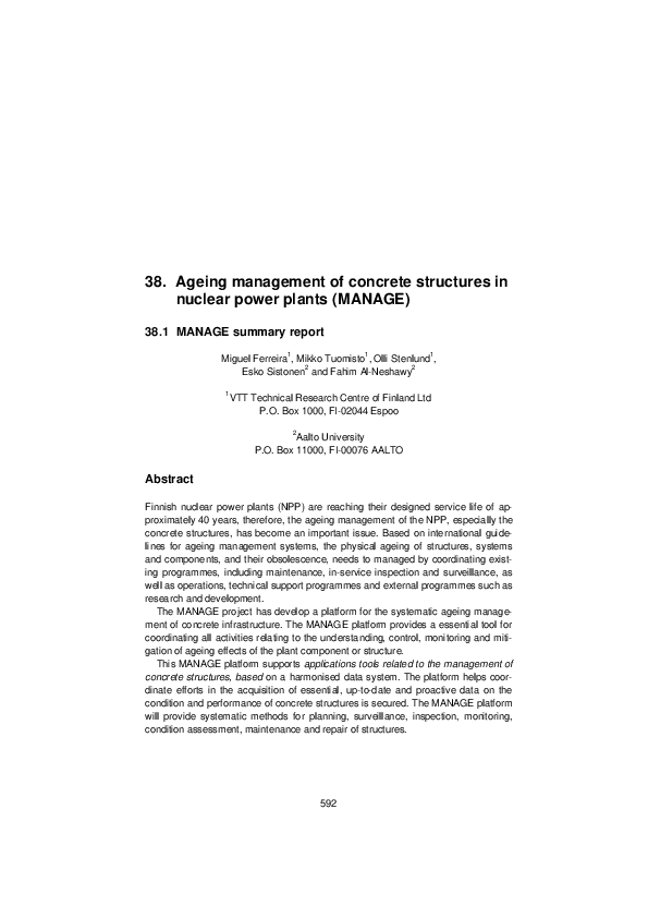 (PDF) Ageing management of concrete structures in nuclear power plants (MANAGE)