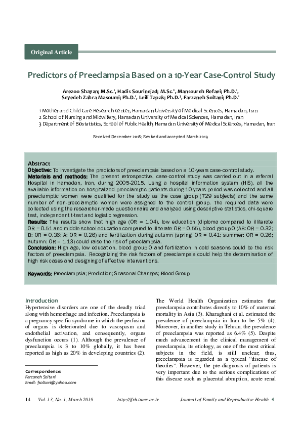 (PDF) Predictors of Preeclampsia Based on a 10-Year Case-Control Study