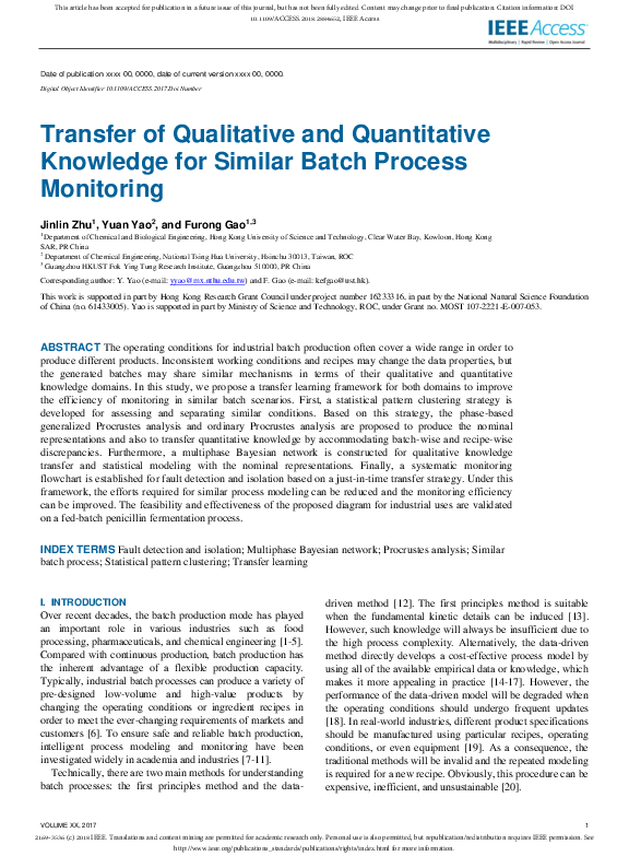 Pdf Transfer Of Qualitative And Quantitative Knowledge For Similar Batch Process Monitoring 