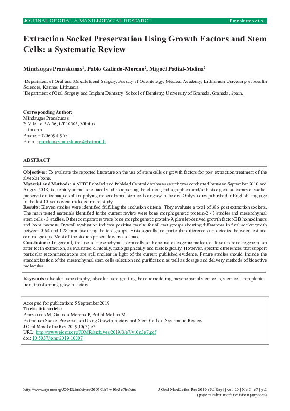 (PDF) Extraction Socket Preservation Using Growth Factors and Stem ...