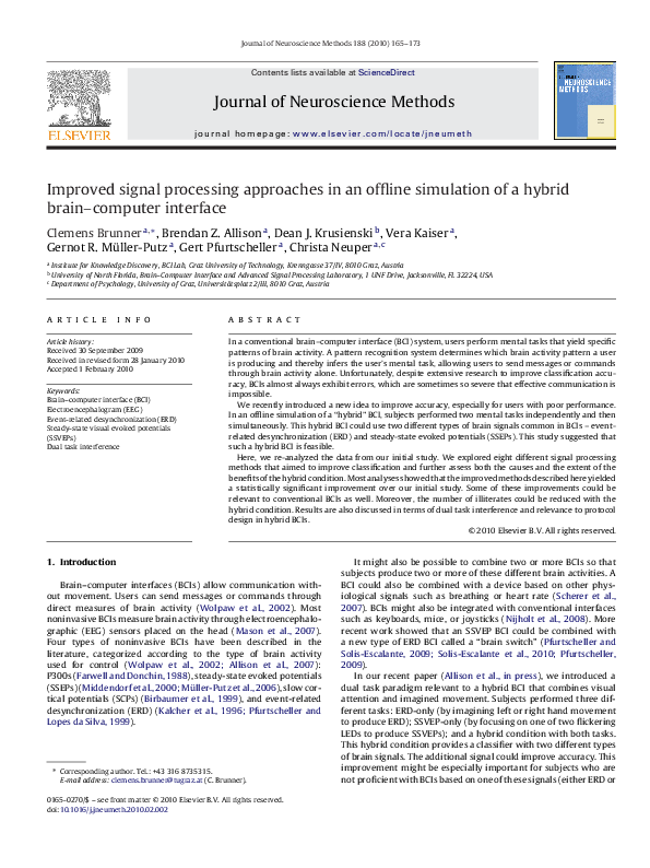 Pdf Improved Signal Processing Approaches In An Offline Simulation Of A Hybrid Braincomputer