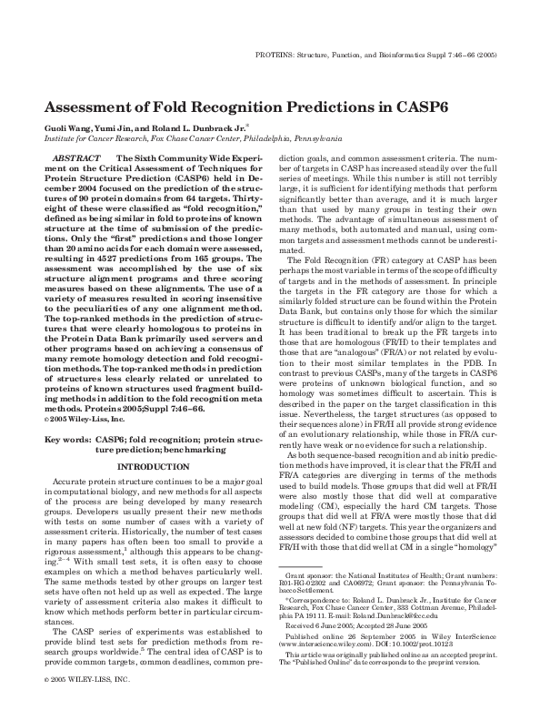 Pdf Assessment Of Fold Recognition Predictions In Casp6