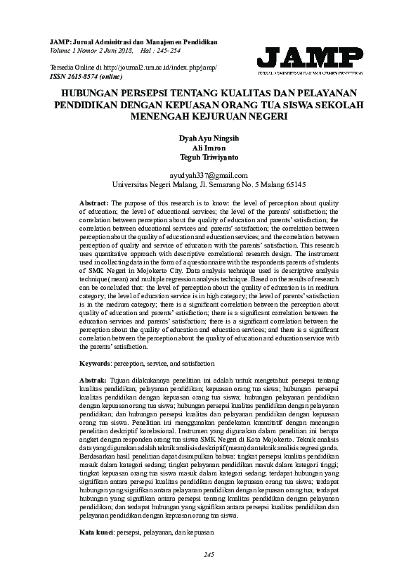(PDF) Hubungan Persepsi Tentang Kualitas Dan Pelayanan Pendidikan Dengan Kepuasan Orang Tua ...