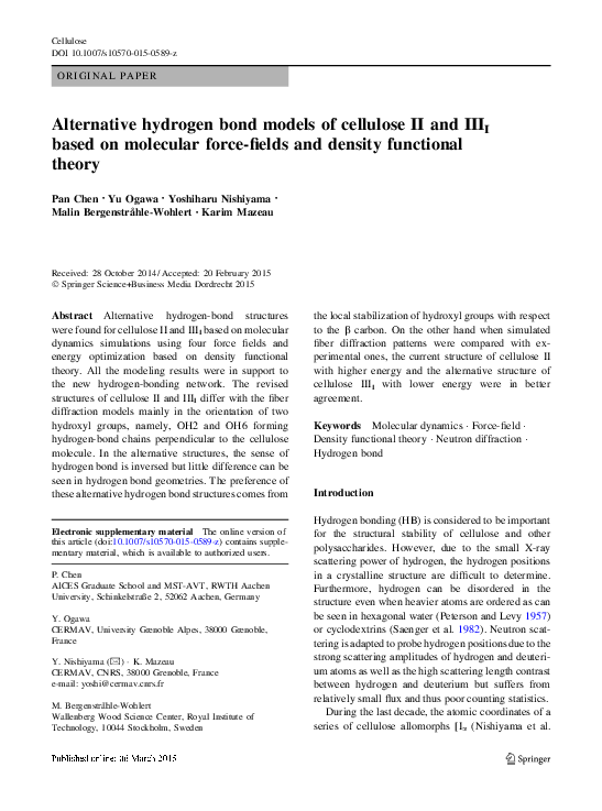 (PDF) Alternative hydrogen bond models of cellulose II and IIII based on molecular force-fields ...