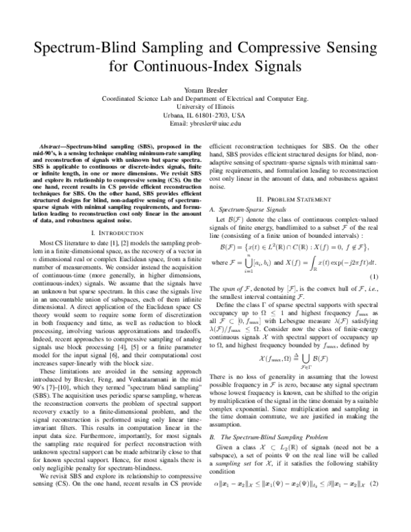 (PDF) Spectrum-blind sampling and compressive sensing for continuous-index signals | Yoram ...