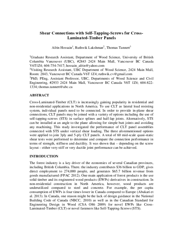 (PDF) Shear Connections with Self-Tapping Screws for Cross-Laminated ...