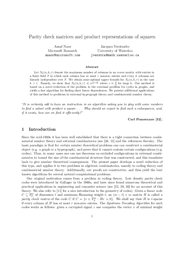 (PDF) Parity check matrices and product representations of squares