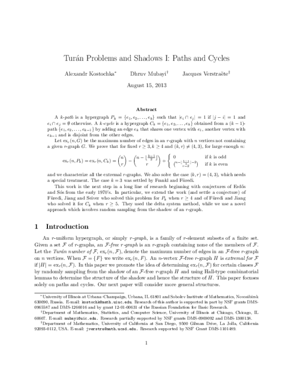 (PDF) Turán problems and shadows I: Paths and cycles
