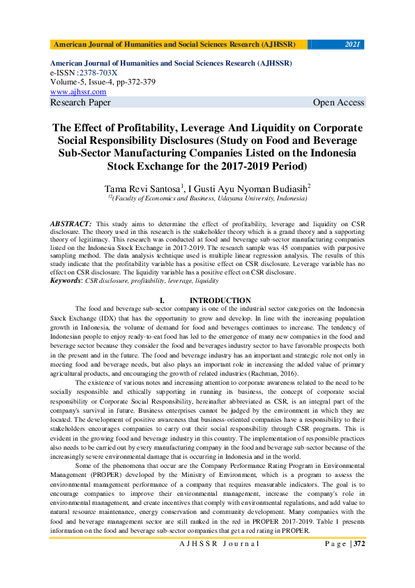 (PDF) The Effect of Profitability, Leverage And Liquidity on Corporate Social Responsibility ...
