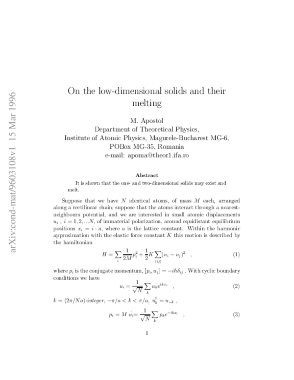 (PDF) On the low-dimensional solids and their melting