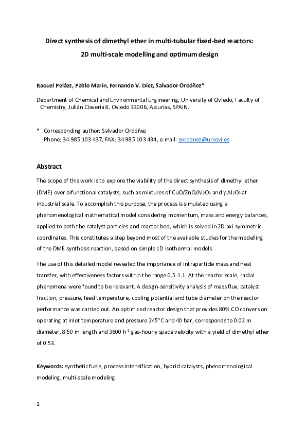 Pdf Direct Synthesis Of Dimethyl Ether In Multi Tubular Fixed Bed