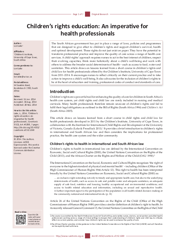 (PDF) Children’s rights education: An imperative for health professionals