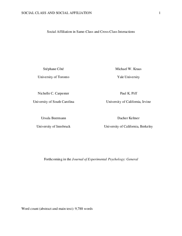 (PDF) Social affiliation in same-class and cross-class interactions