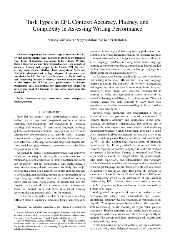 Pdf Task Types In Efl Context Accuracy Fluency And Complexity In