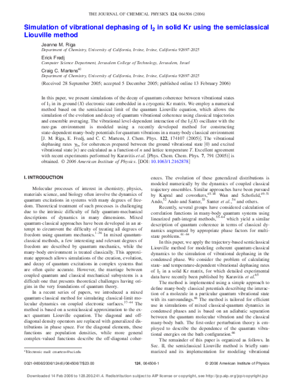(PDF) Simulation of vibrational dephasing of I[sub 2] in solid Kr using ...