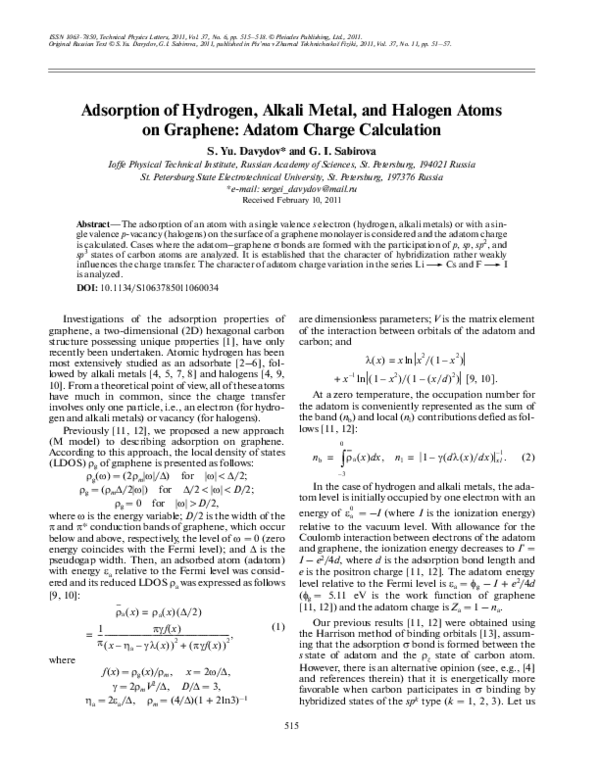 (PDF) Adsorption of hydrogen, alkali metal, and halogen atoms on ...