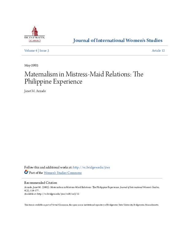 (PDF) Maternalism in Mistress-Maid Relations: The Philippine Experience