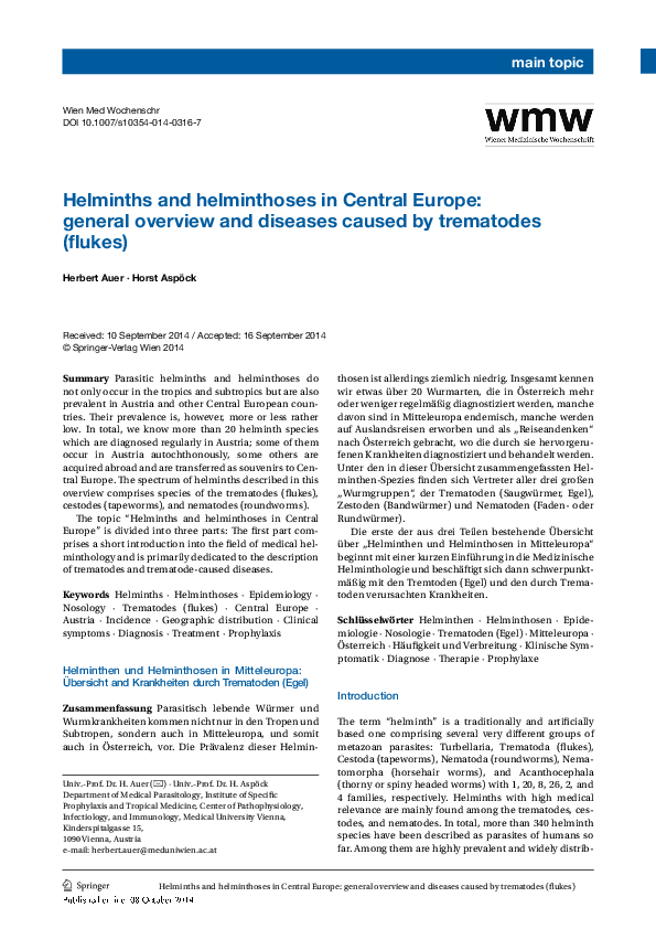 (PDF) Helminths and helminthoses in Central Europe: general overview ...