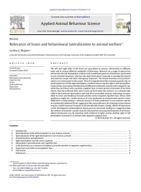 (PDF) Relevance of brain and behavioural lateralization to animal welfare