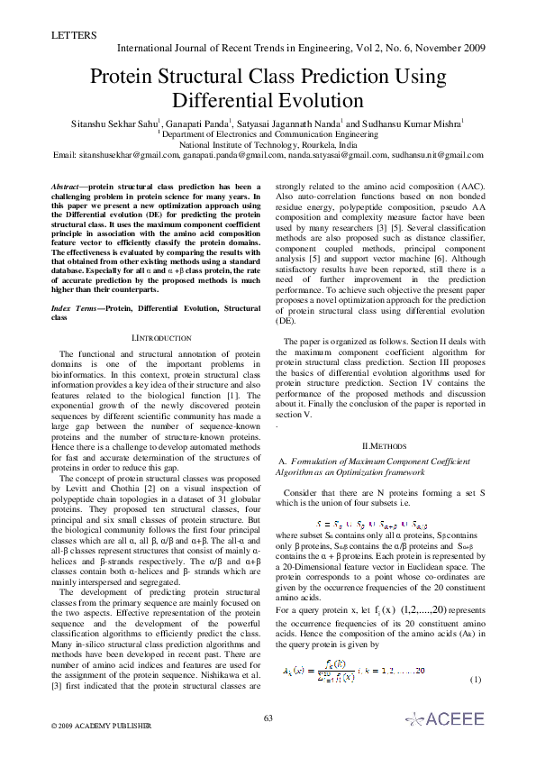 Pdf Protein Structural Class Prediction Using Differential Evolution