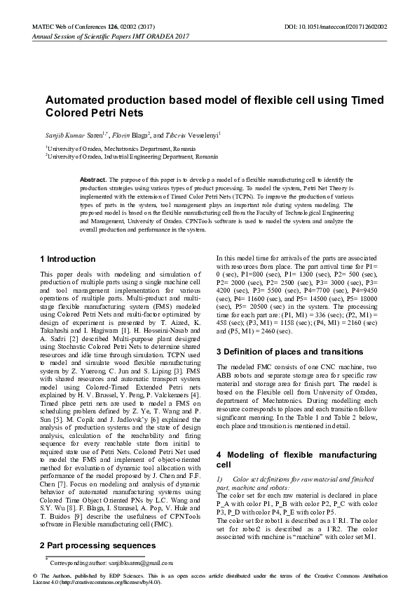 (PDF) Automated production based model of flexible cell using Timed Colored Petri Nets