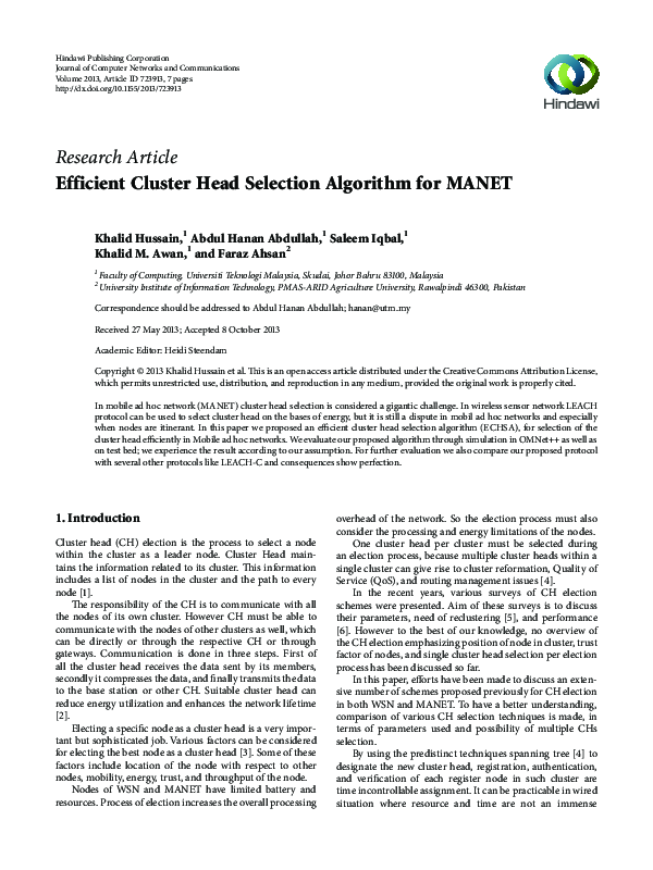 (PDF) Efficient Cluster Head Selection Algorithm for MANET