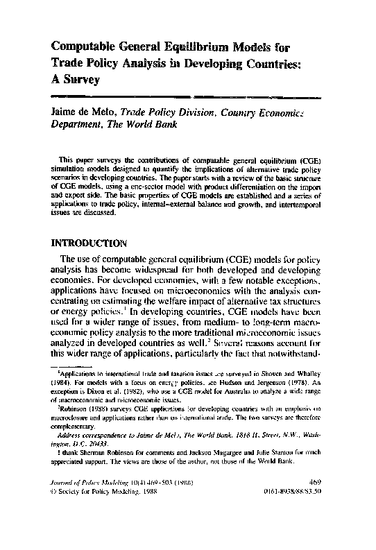 (PDF) Computable general equilibrium models for trade policy analysis in developing countries: A ...