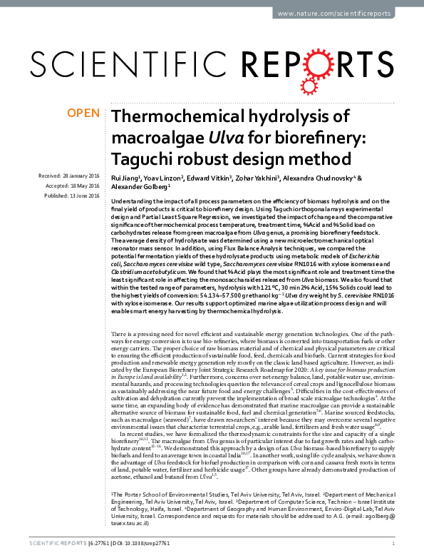 (PDF) Thermochemical hydrolysis of macroalgae Ulva for biorefinery: Taguchi robust design method