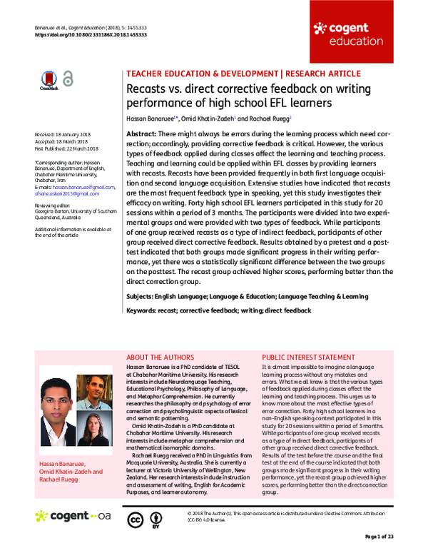 (PDF) Recasts vs. direct corrective feedback on writing performance of ...